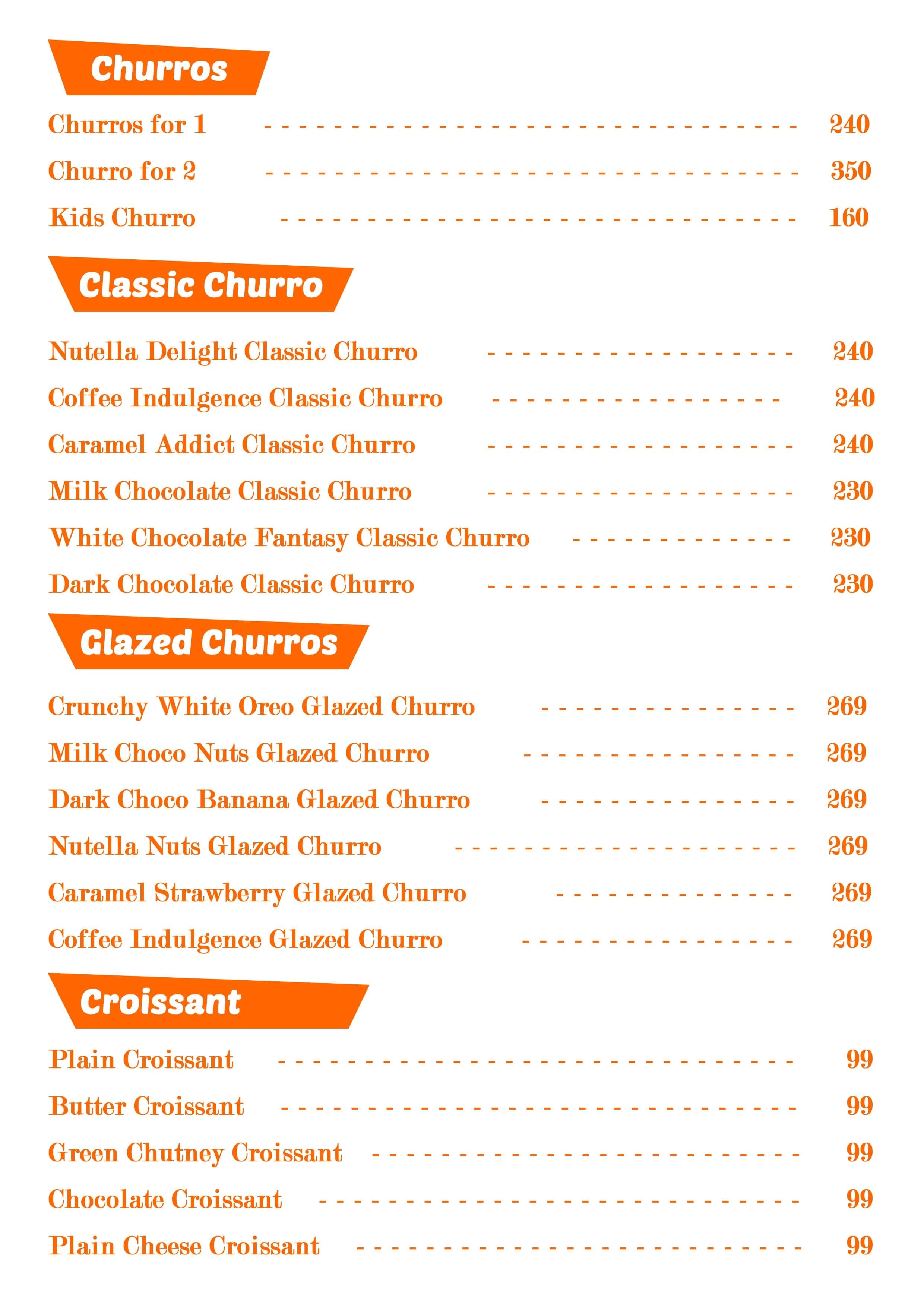 Menu of Churros Inc Via Spain, Marve, Mumbai