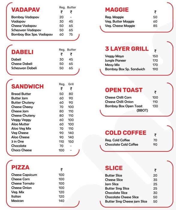 Menu of Bombay Box, Thaltej, Ahmedabad
