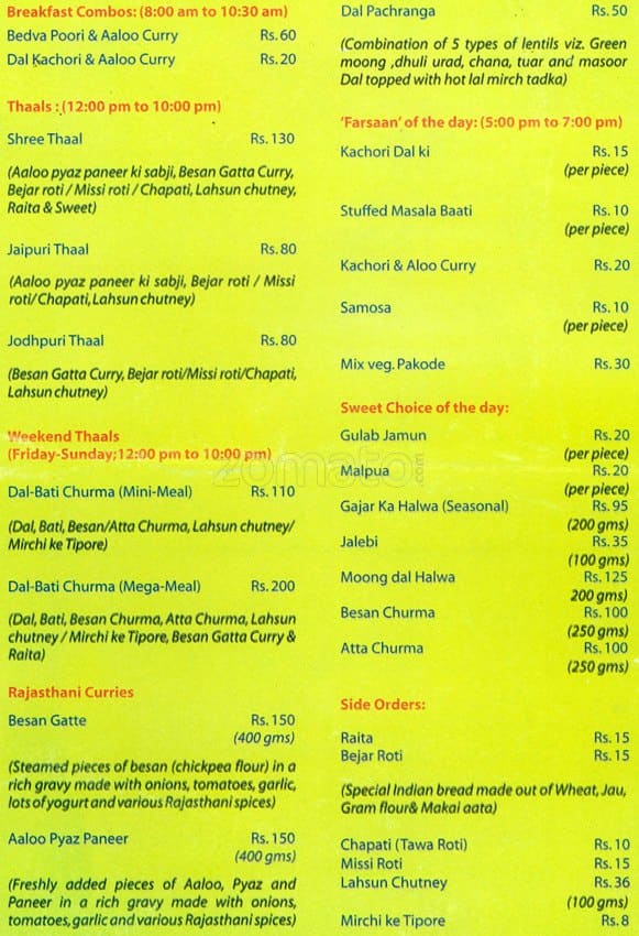 Menu at Khamma Ghani, Gurugram