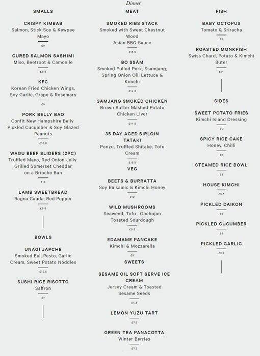 Menu at Bó Drake BBQ, London