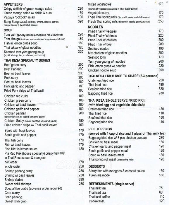Carta del restaurante Thai Resa, Ciudad Quezon