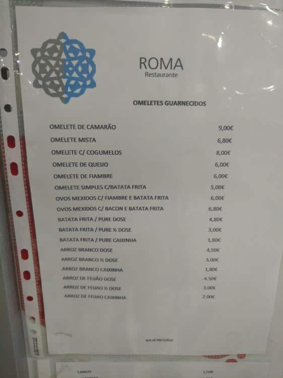 Menu at Cafe ROMA, Lisbon