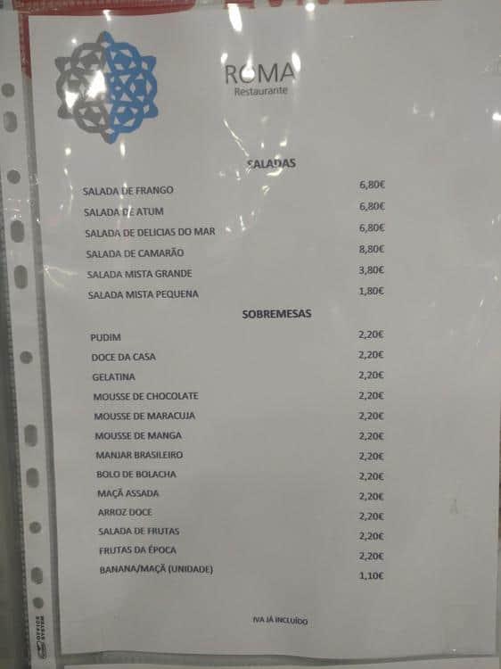 Menu at Cafe ROMA, Lisbon