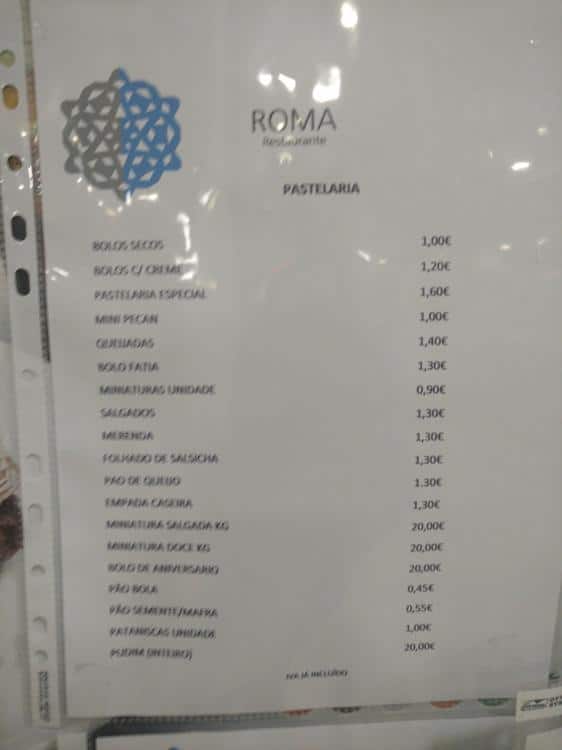 Menu at Cafe ROMA, Lisbon