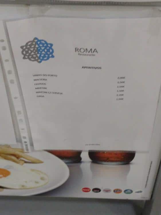 Menu at Cafe ROMA, Lisbon