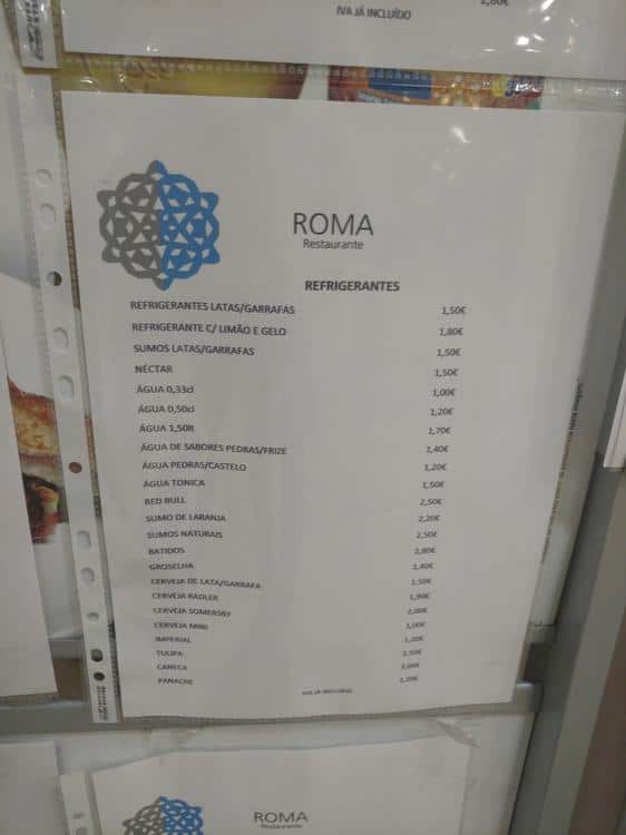 Menu at Cafe ROMA, Lisbon