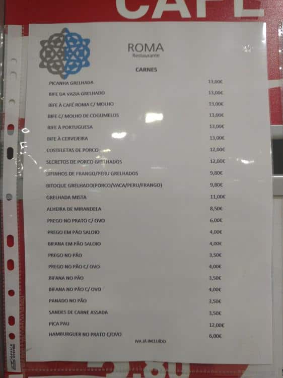 Menu at Cafe ROMA, Lisbon