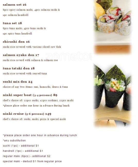 Menu at Ninki Sushi and Sake Lounge restaurant, Toronto