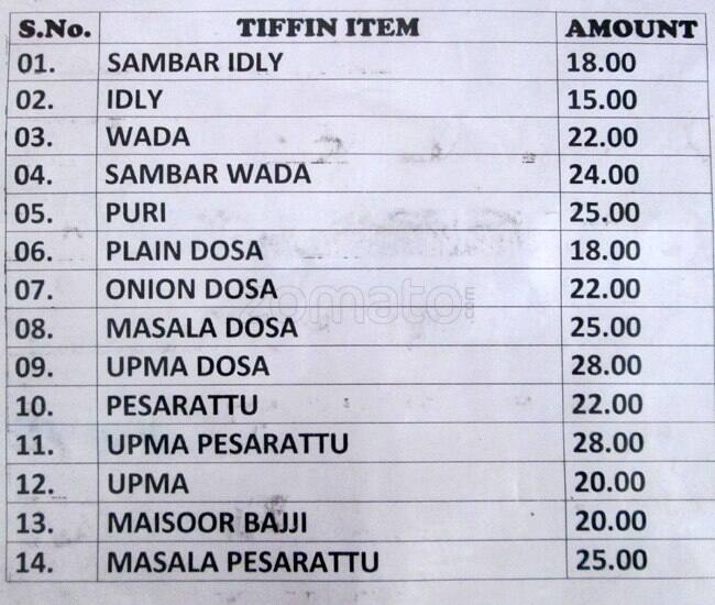 Menu at VCS Tiffin Centre, Hyderabad