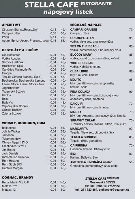 Menu at Stella Cafe, Prague