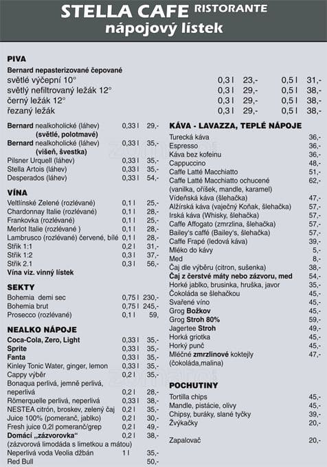 Menu at Stella Cafe, Prague