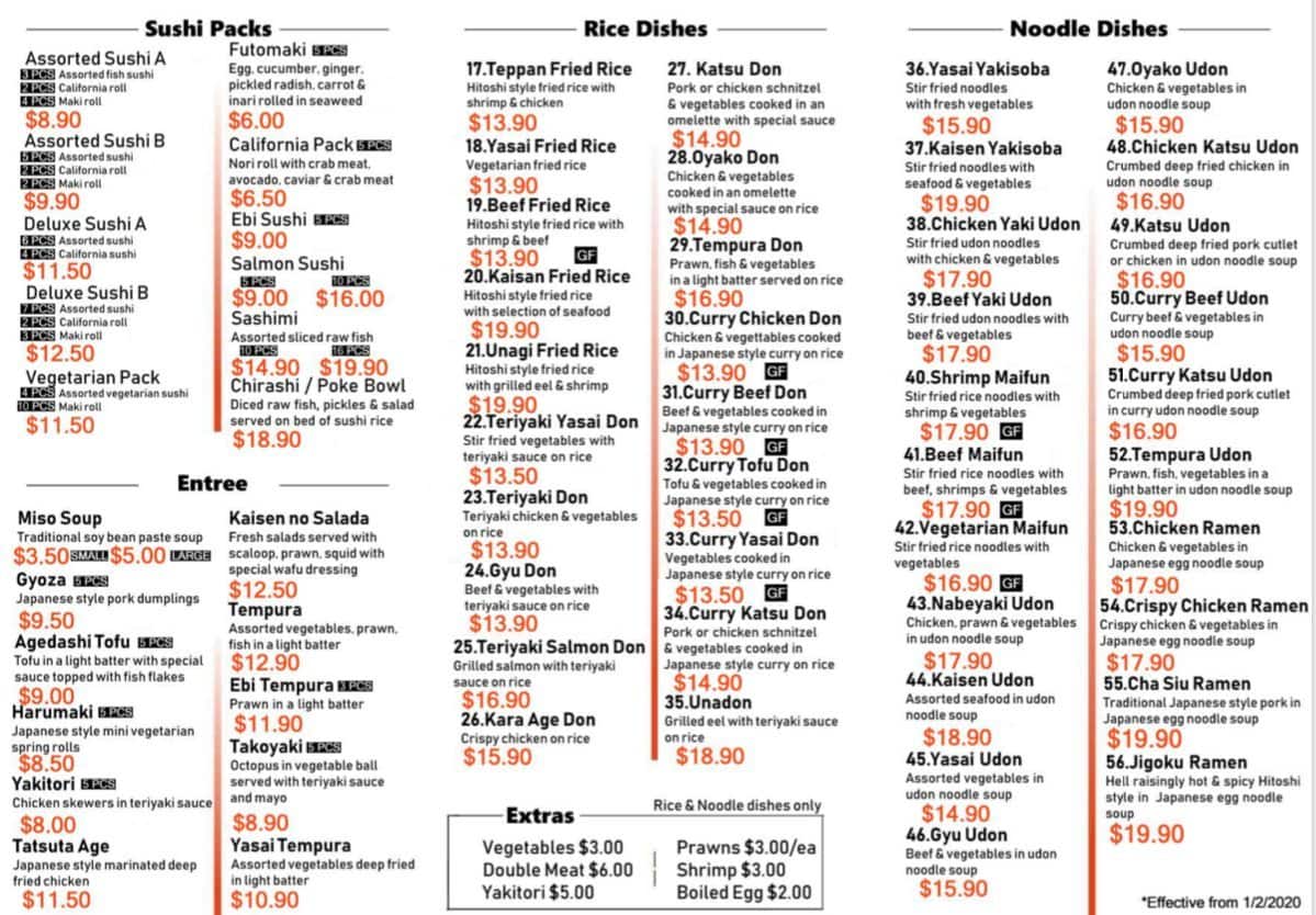Menu at Hitoshi Sushi restaurant, Ringwood, Shop 31 Ringwood Square
