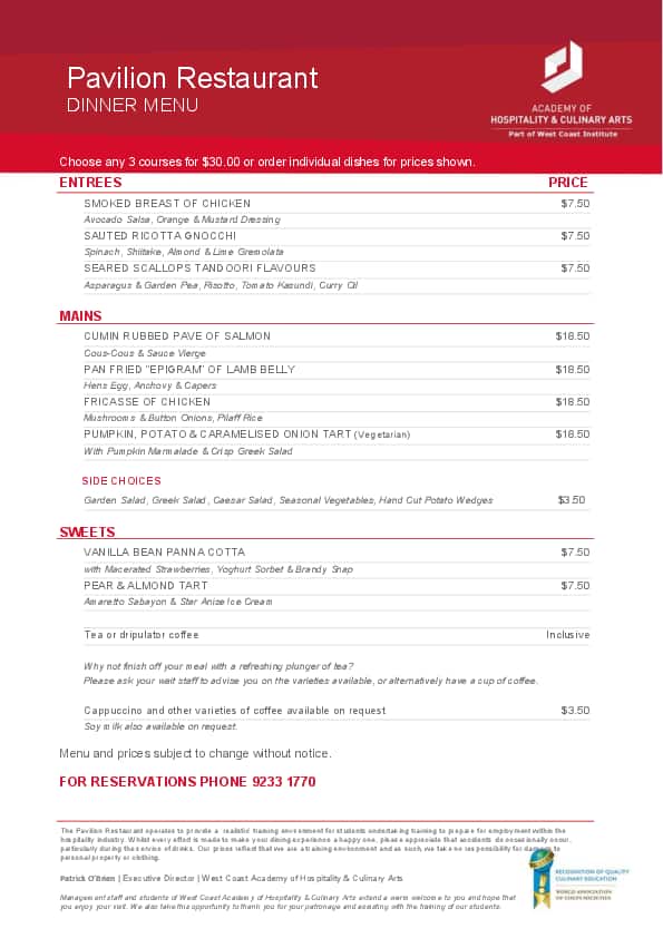 Menu at Pavilion Restaurant, Joondalup