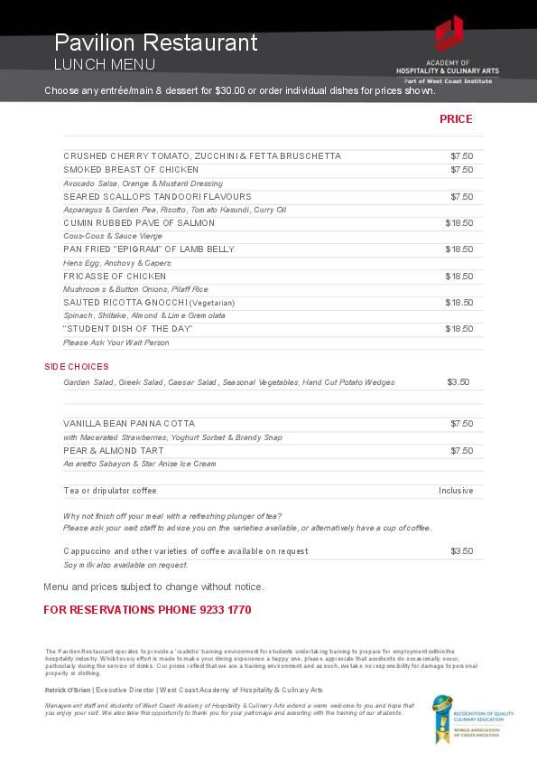 Menu at Pavilion Restaurant, Joondalup
