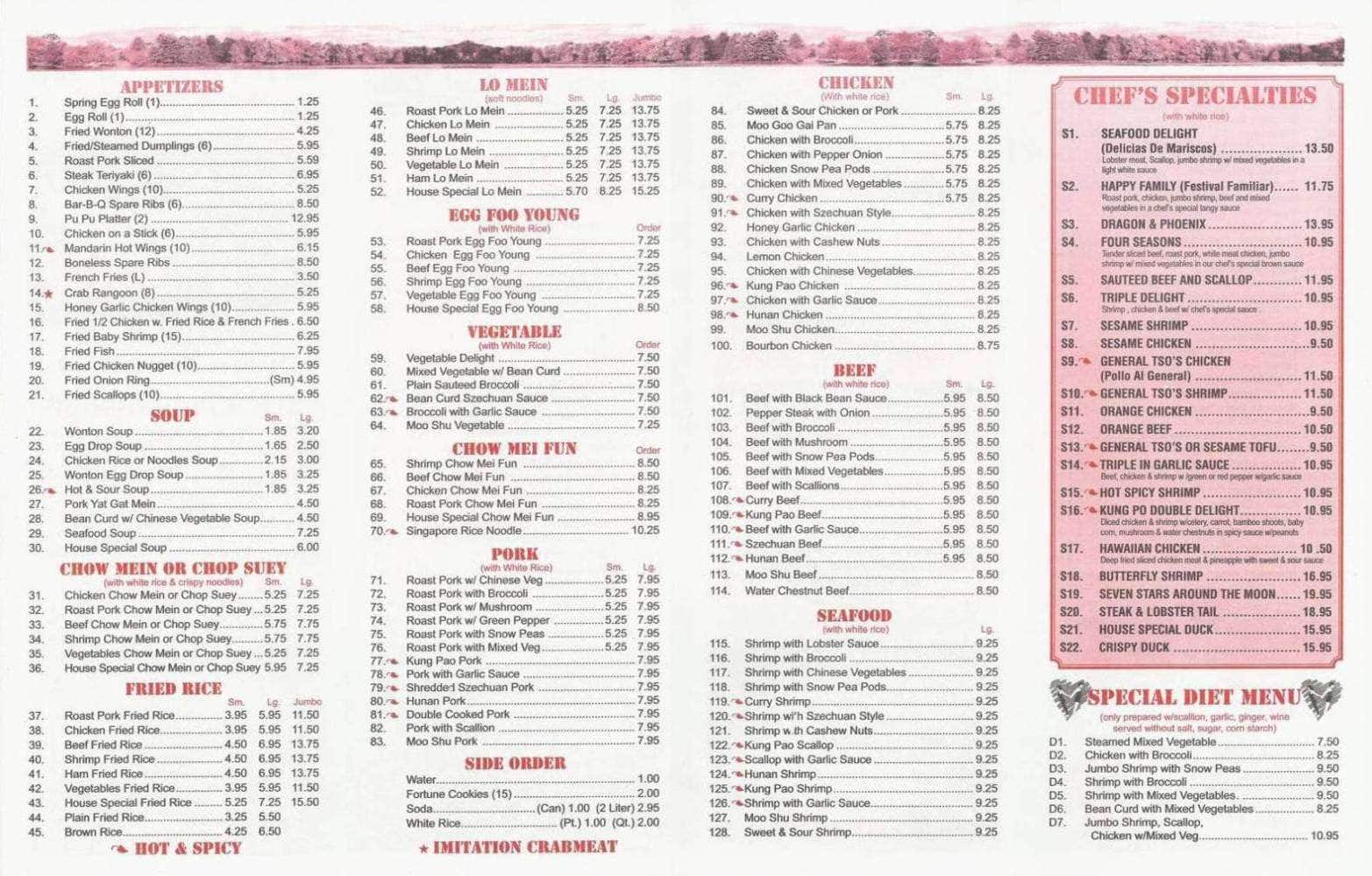 Menu at China One restaurant, Hollywood, Sheridan St