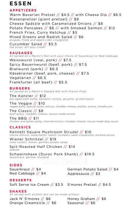 Menu at Frankford Hall restaurant, Philadelphia