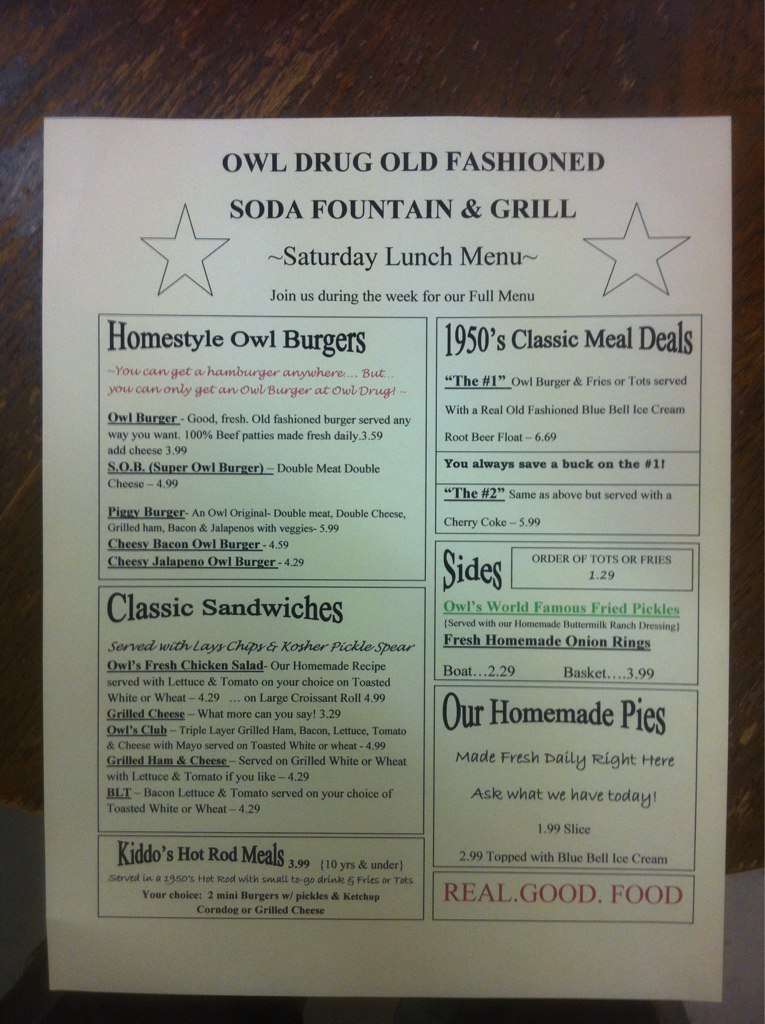 Menu at Owl Drug Store restaurant, Coleman