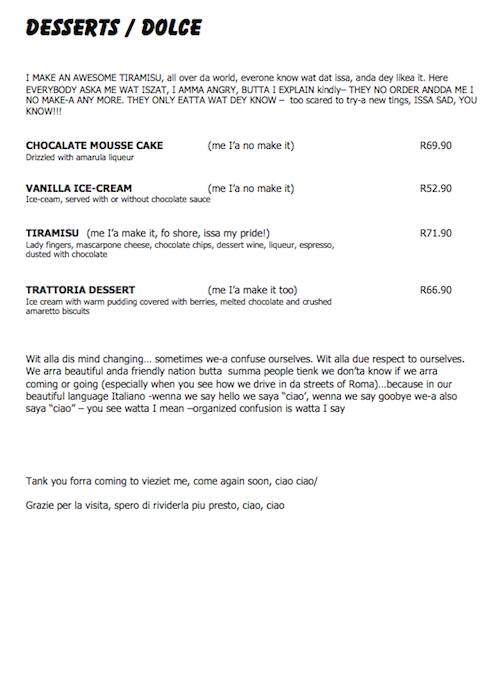 Menu at Trattoria Stefano restaurant, Nelspruit