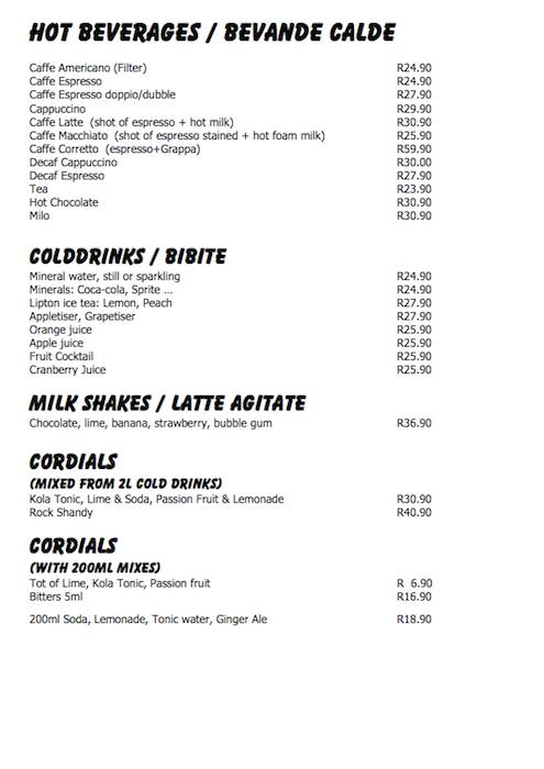 Menu at Trattoria Stefano restaurant, Nelspruit