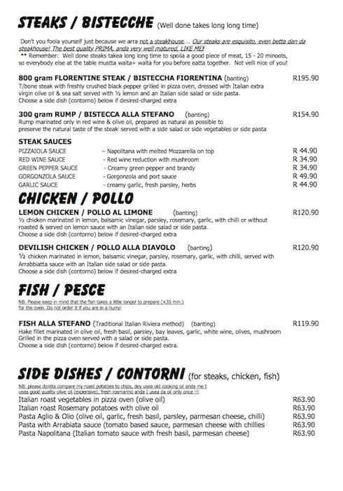Menu at Trattoria Stefano restaurant, Nelspruit