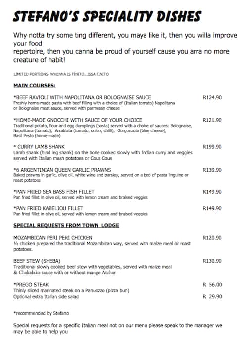 Menu at Trattoria Stefano restaurant, Nelspruit