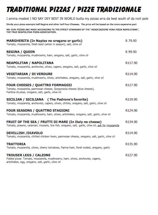 Menu at Trattoria Stefano restaurant, Nelspruit