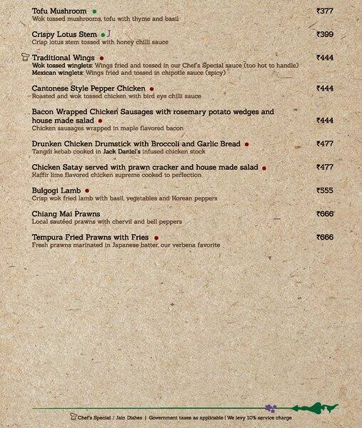 Menu at Verbena, Mumbai