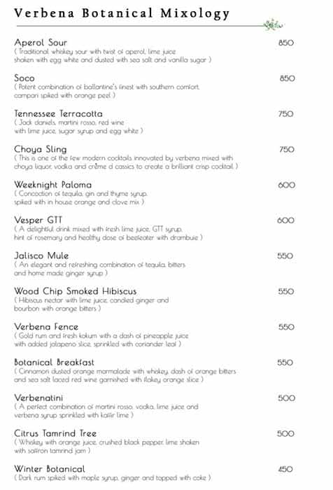 Menu at Verbena, Mumbai