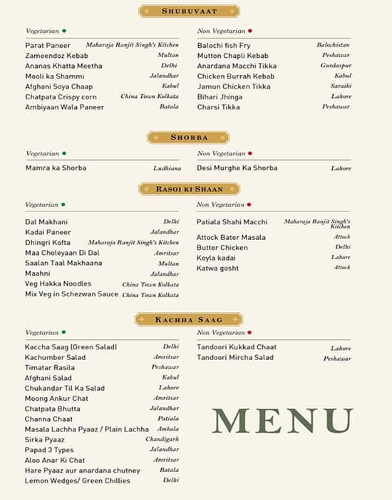 Menu of The G.T. Road, Sector 26, Chandigarh