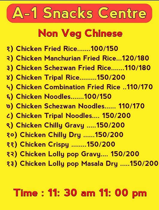 Menu of A1 Snacks Centre, Parel, Mumbai