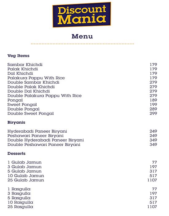 Menu of Discount Mania, Basavanagudi, Bangalore