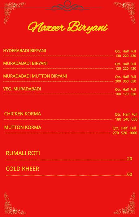 Menu of Najir Biryani Mahal, Amrapali Dream Valley, Greater Noida