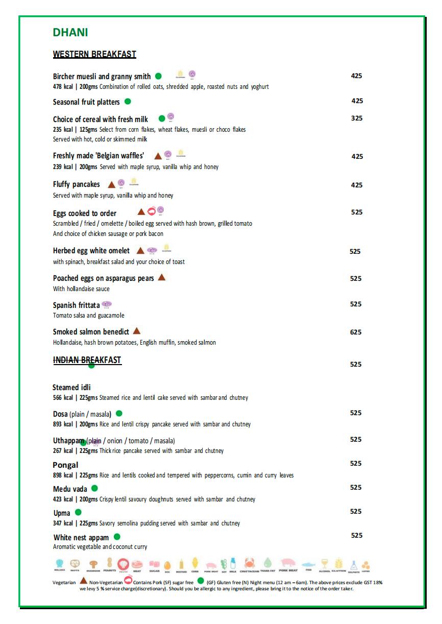 Menu of Dhani, Mahabalipuram, Chennai