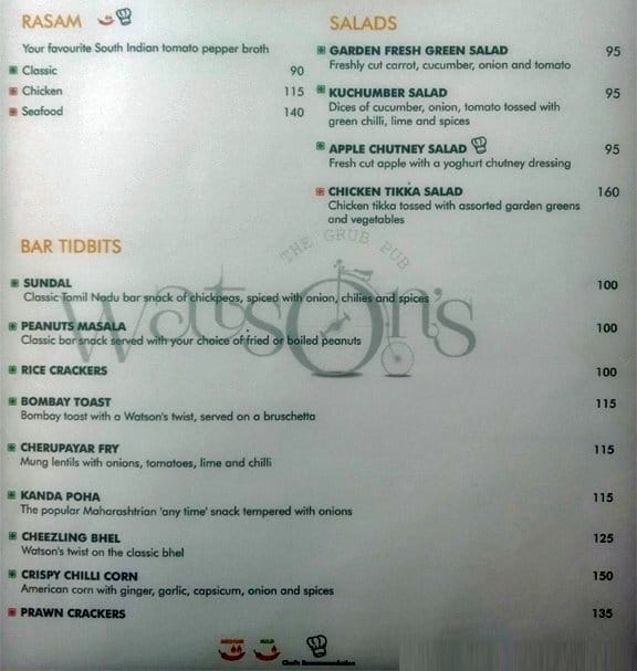 Watson's Menu, Menu for Watson's, Ulsoor, Bangalore - Zomato