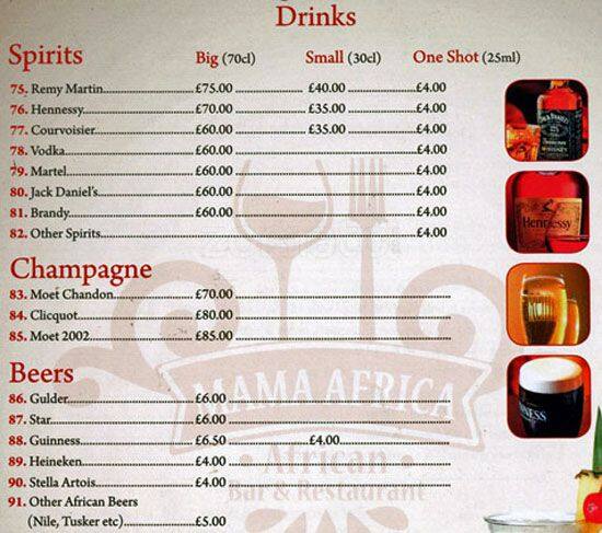 Menu at Mama Africa pub & bar, London