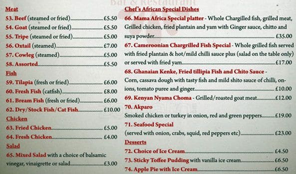 Menu at Mama Africa pub & bar, London