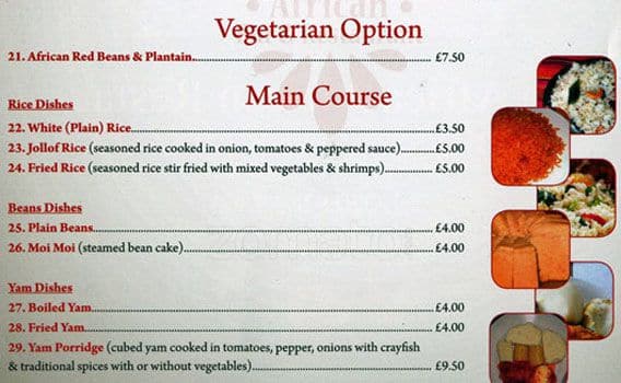 Menu at Mama Africa pub & bar, London