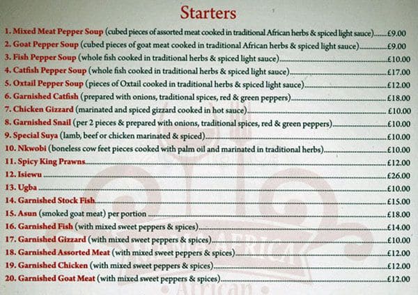 Menu at Mama Africa pub & bar, London