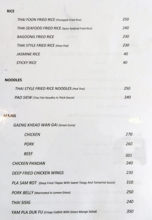 Menu at Thai Foon restaurant, Marikina
