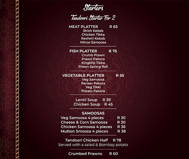 Menu at Taste of Mumbai, Kempton Park, 64 Jones Road