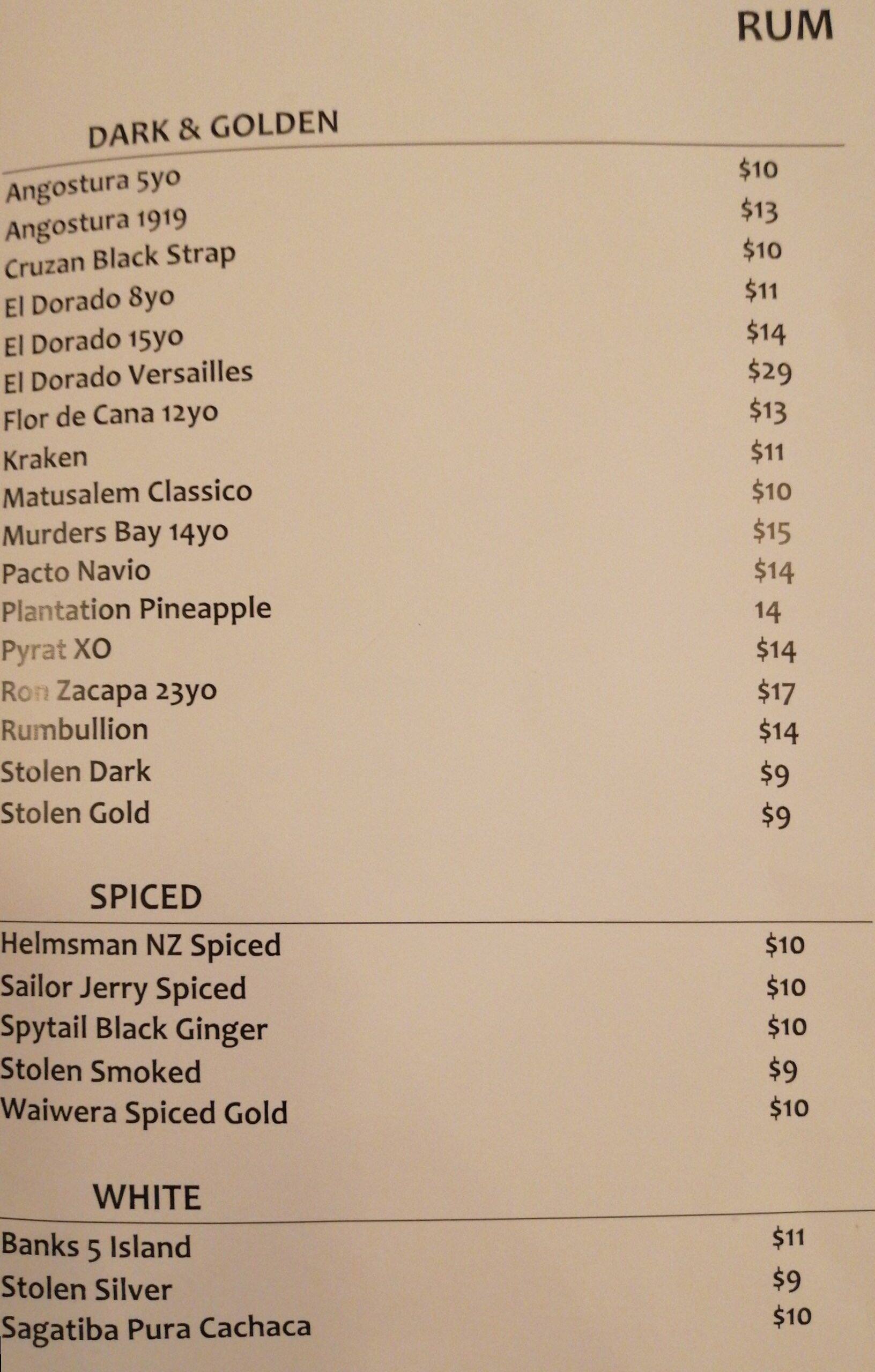 Menu at My Bar, Auckland, 12 Durham St E