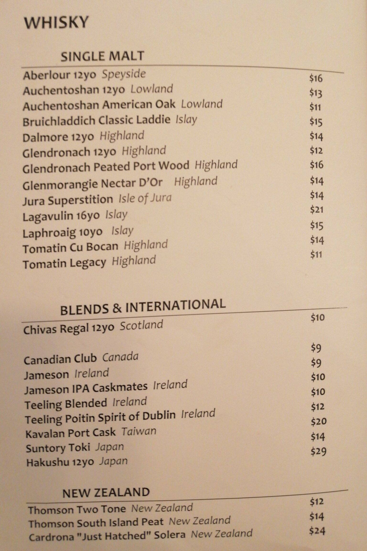 Menu at My Bar, Auckland, 12 Durham St E