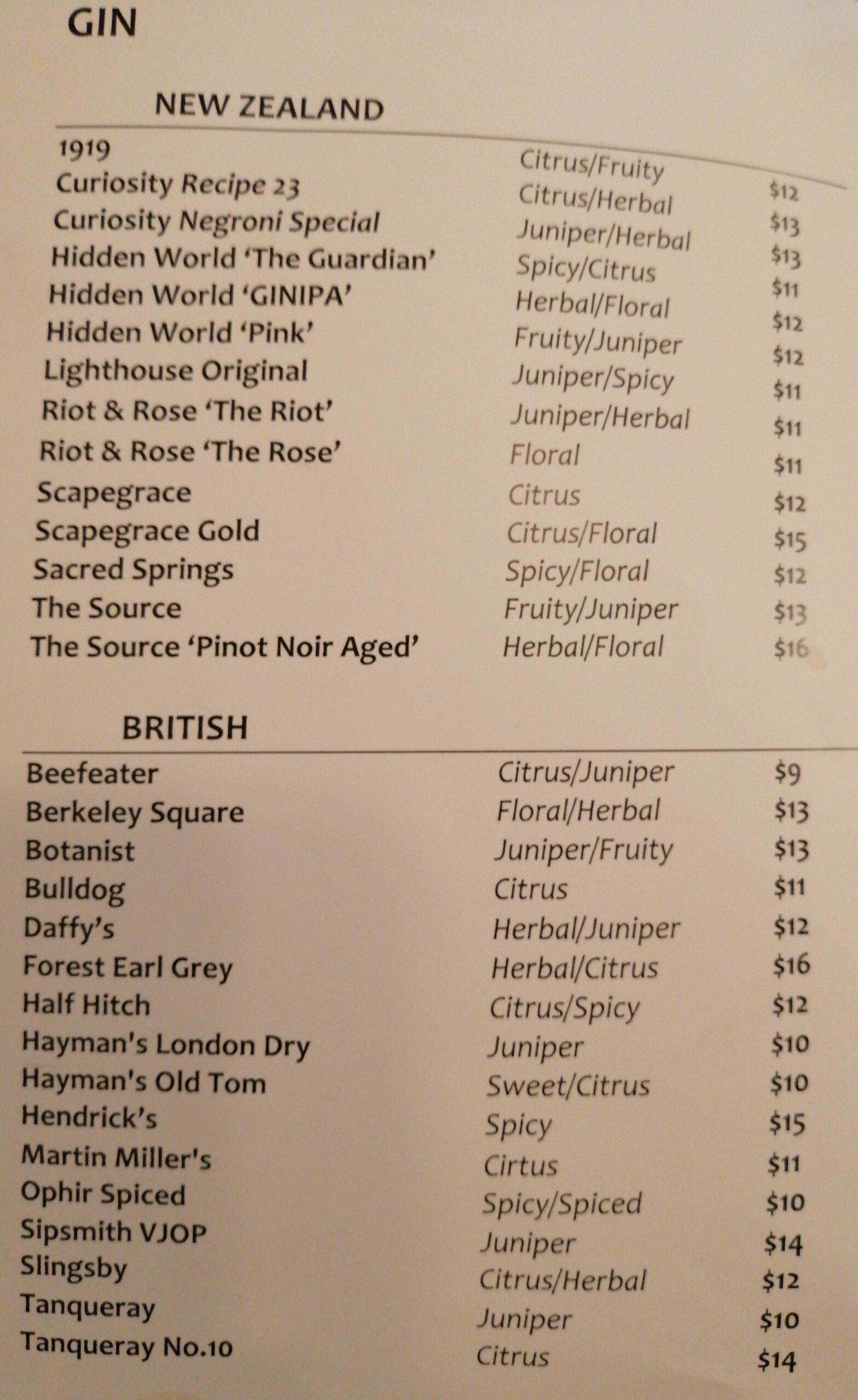 Menu at My Bar, Auckland, 12 Durham St E