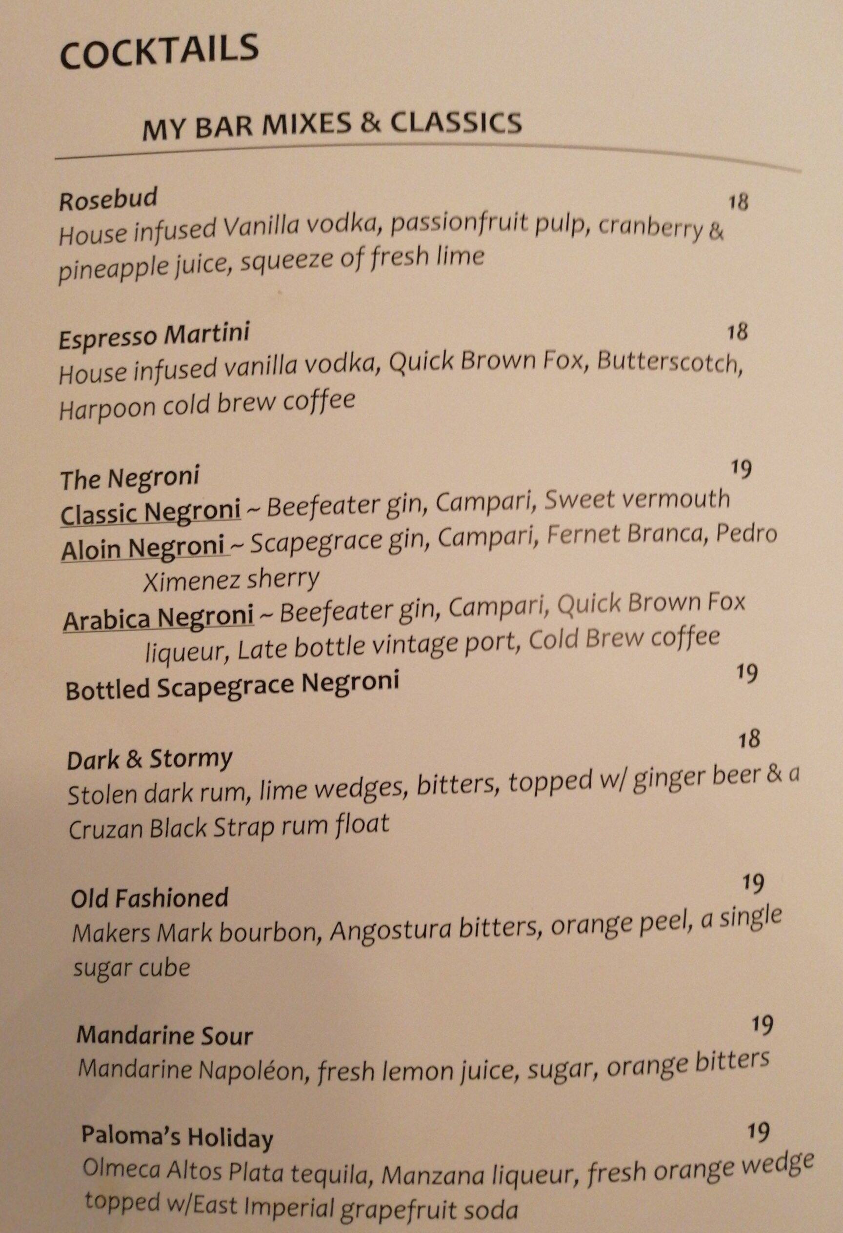 Menu at My Bar, Auckland, 12 Durham St E