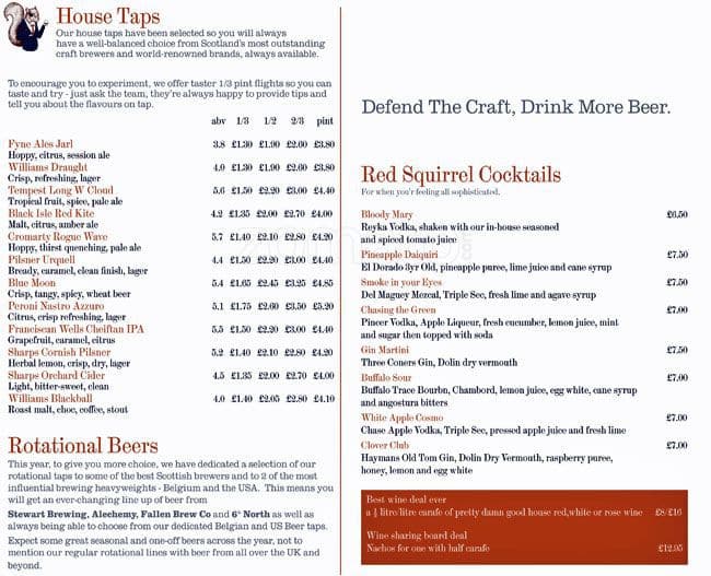 Menu at Red Squirrel pub & bar, Edinburgh