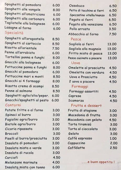 Menu at Ristorante Piccolo Spazio, Rome