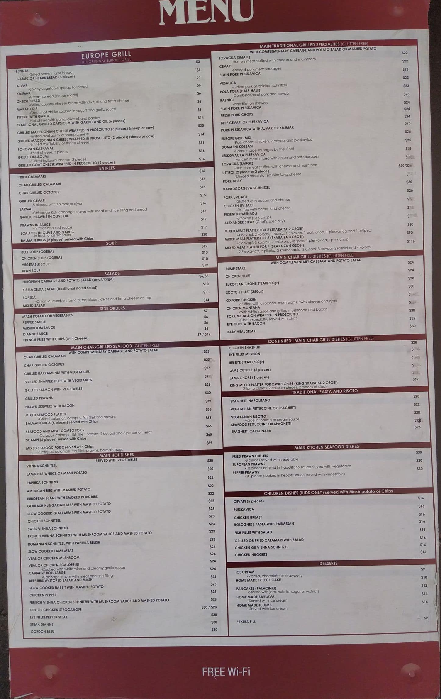 Menu at Europe Grill restaurant, Newtown