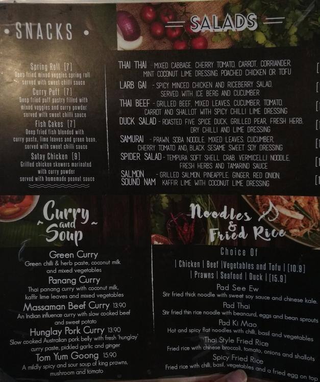 Menu at Sweeney Thai & Continental Food restaurant, Sydney