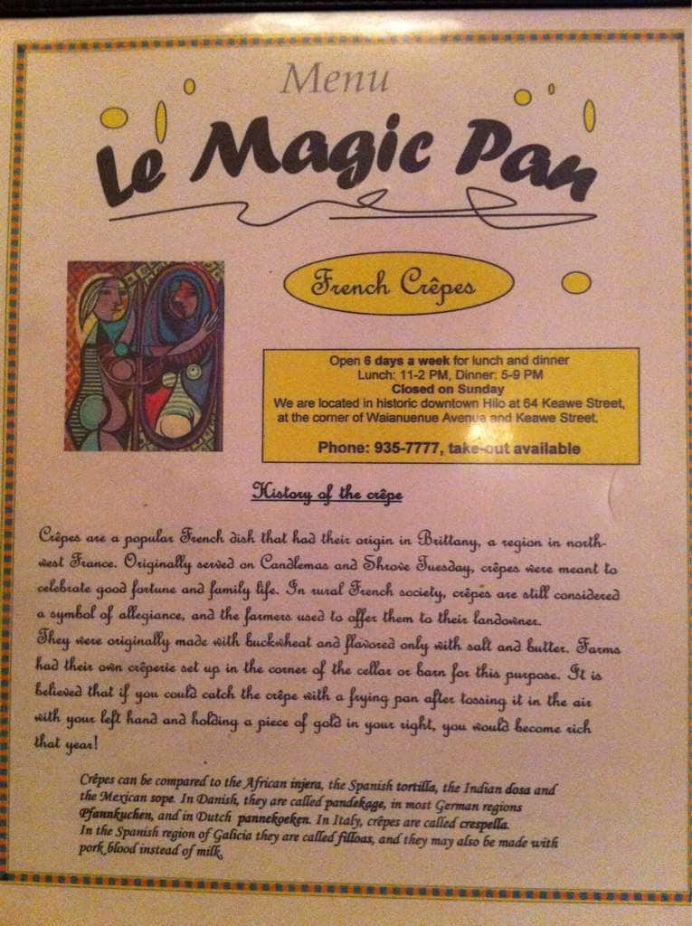 Menu at Le Magic Pan restaurant, Hilo
