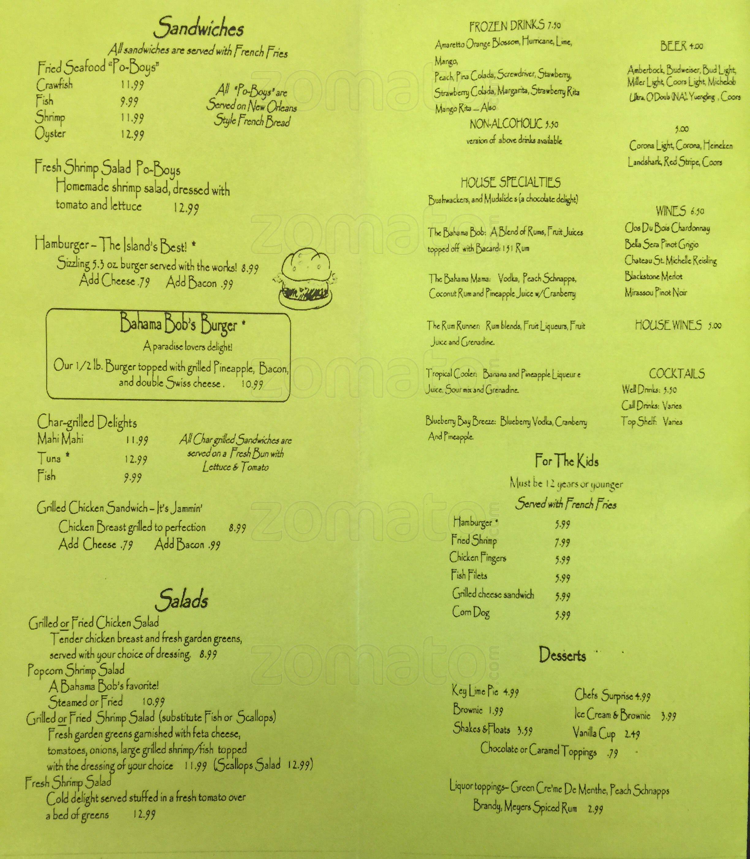 Menu at Bahama Bobs restaurant, Gulf Shores